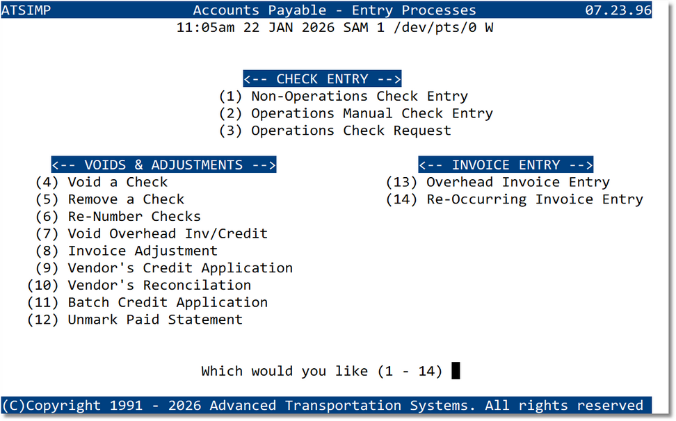 FasTrax — Accounts Payable (AP) Menu