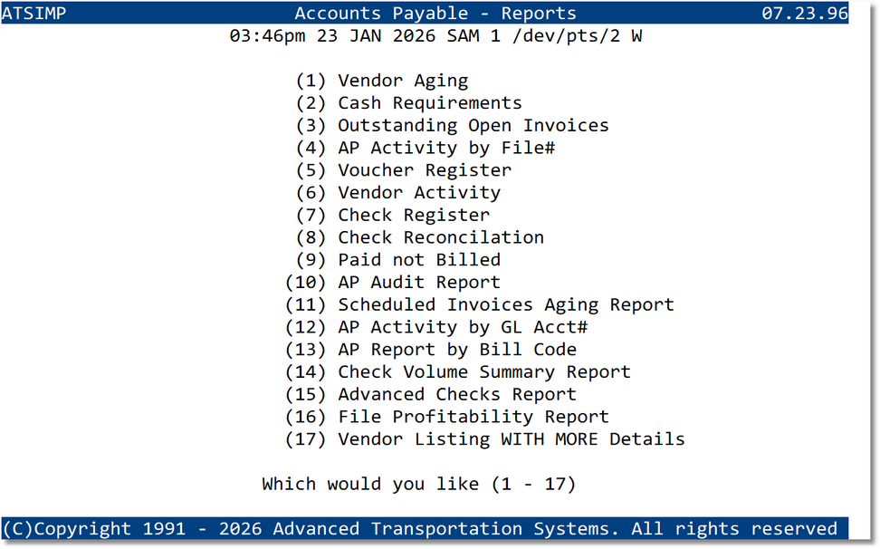 FasTrax — Accounts Payable (AP) Menu